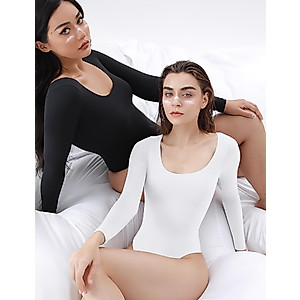 PUMIEY Long Sleeve Bodysuit For Women Sexy Scoop Neck Tops Body Suits Womens Fashion Splashed White Large