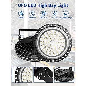 6 Pack LED High Bay Light|200W 20000LM UFO LED High Bay Light|6500K Daylight LED Shop Light|IP65 Waterproof LED Commercial Warehouse Area Light|LED Garage Light for Garage Gym Factory Warehouse