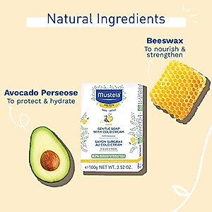 Mustela Baby Gentle Soap - Bar Soap for Dry Skin - with Natural Avocado, Cold Cream, Beeswax & Shea Butter - 3.52 oz