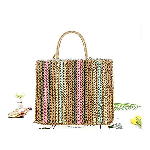 QTKJ Fashion Women Straw Zipper Tote Bag Summer Beach Colorful Shoulder Bag with Woven Shoulder Strap