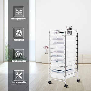 ORALNER 10-Drawer Rolling Storage Cart, 10 Tiers Utility Cart w/Wheels, Metal Frame Home Office School Organizer Cart, Mobile Space Saving File Storage Organizer Cart w/Lockable Casters (Clear)