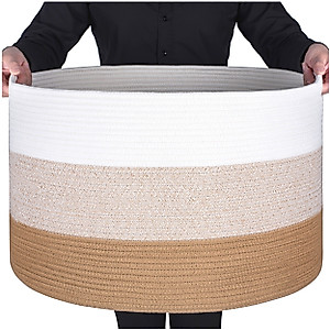 MINTWOOD Design Extra Large 22 x 14 Inches Blanket Storage Basket, Laundry Basket, Decorative Woven Cotton Rope Baskets for Blanket Storage Living Room, Toy Storage Basket Bin, Black & Brown