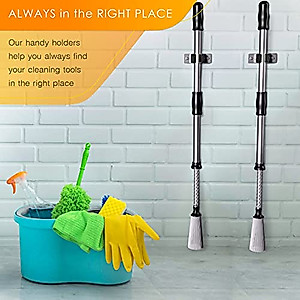 SAYONEYES Screw and Adhesive Broom Holder Wall Mount - Heavy Duty SUS304 Stainless Steel Single Broom and Mop holder for Laundry Room, Garden, Garage – 2 Pack (Black)