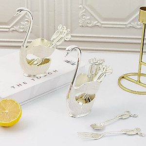 Watris Veiyi Coffee Spoons Set, Dessert Spoons Set, 6PCS Tea Spoons with Swan Base Holder, Metal Coffee Spoon Organizer, Stainless Steel Small Spoons for Coffee Cake Dessert Ice Cream Tea(Silver)