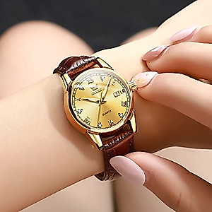 Gold Watches for Women Diamond Face Quartz Stainless Steel Slim Mini Watches Roman Numeral Water Resistant Simple Female Watches with Leather Band Luxury Women Golden Watches Brown Strap Easy Reader
