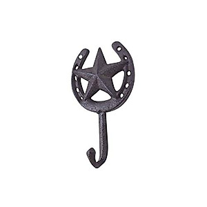 Handcrafted Nautical Decor Cast Iron Barn Star and Horseshoe Decorative Metal Wall Hook 7"
