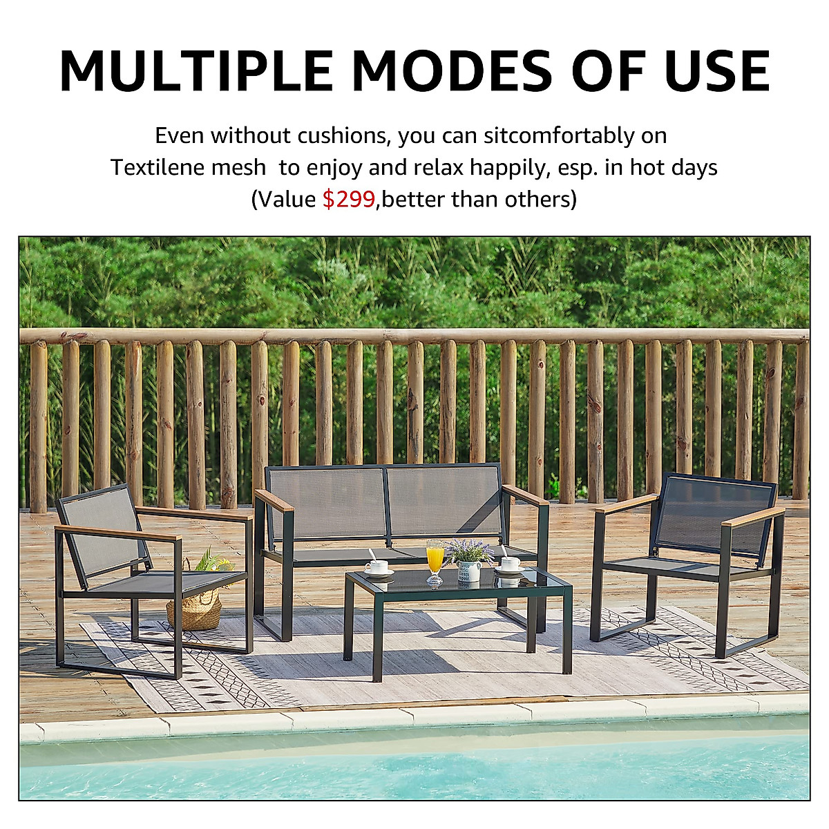 NATURAL EXPRESSIONS 4 Pieces Patio Furniture Sets,Outdoor Metal Sectional Furniture Modern Patio Conversation Set,Fuaxwood Anti-Scald Armrest,Sling Mesh,Tempered-Glass Table,4" Olefin Cushions
