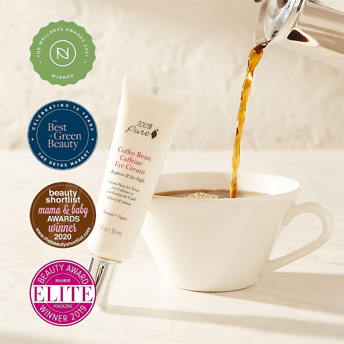 100% PURE Coffee Bean Caffeine Eye Cream Refresh & Hydrate Under Eye Treatment Reduce Puffiness, Dark Circles, Wrinkles with Green Tea, Rose Hip, Vitamin E - Youthful Vibrant Eyes - Vegan - 1 oz