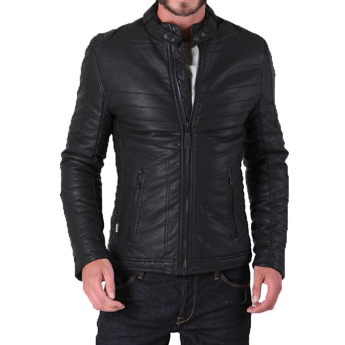 Men's New Black Genuine Cow-Hide Leather Stylish Motorcycle Jacket C214 XL Black