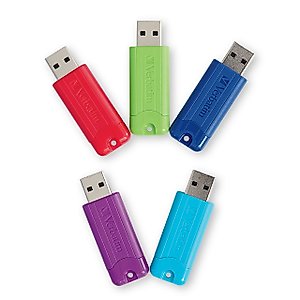 Verbatim 32GB Pinstripe USB 3.2 Gen 1 Flash Drive Retractable Thumb Drive - 5 Pack - Multicolor (Green, Blue, Red, Purple, Cyan)