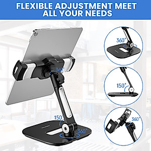 AboveTEK Aluminum iPad Stand, Foldable 360 Swivel Tablet Stand for Kitchen, Bedside, Office, POS, Showroom, Reception, Black