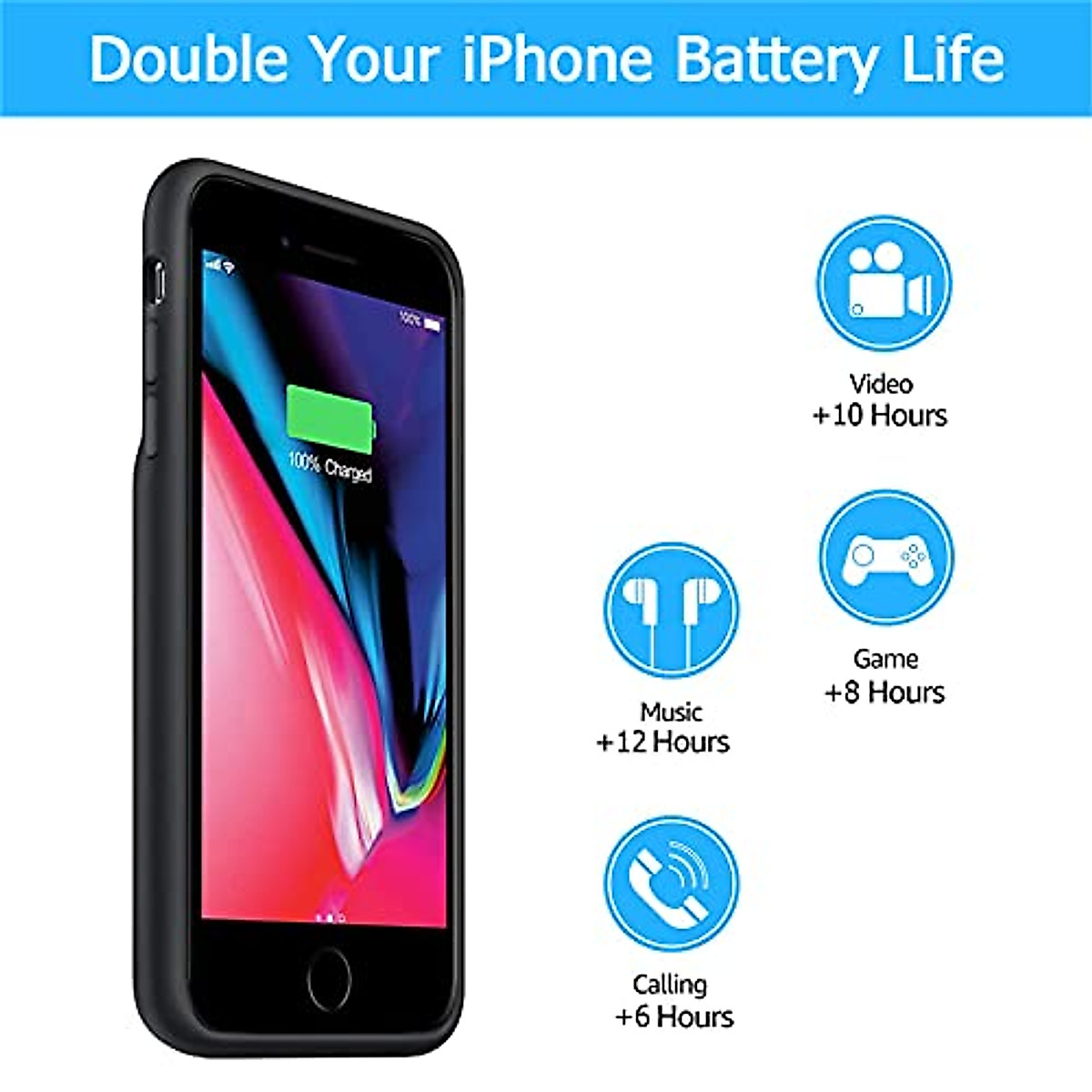 Battery Case for iPhone SE 3/6/6s/7/8/SE 2020, [6500mAh] Rechargeable Smart Extended Charging Case Compatible with iPhone SE 3/6/6s/7/8/SE 2020 (4.7 inch) Backup Power Battery Pack Charger Case-Black