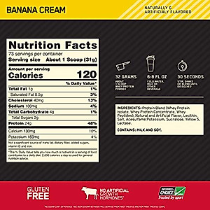 Optimum Nutrition Gold Standard 100% Whey Protein Powder, Banana Cream, 5 Pound (Packaging May Vary)