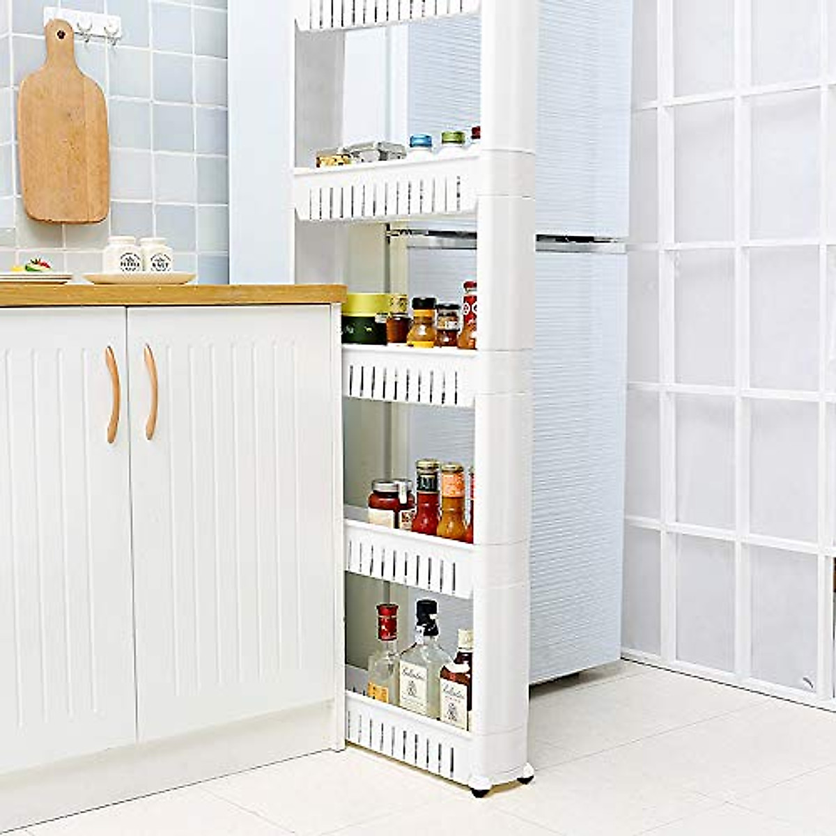 5.1in Slim Rolling Storage Cart on Wheels Narrow Plastic Shelf Unit Movable 5-Tier Thin Storage Utility Cart Rack for Bathroom, Bedroom, Office, Kitchen, Living Room (White, 5-Tier)