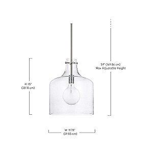 HomePlace Lighting 325712BN Crawford Urban/Industrial Clear Seeded Glass Jar Pendant Light, 1-Light 100 Watt, 15" H x 12" W, Brushed Nickel