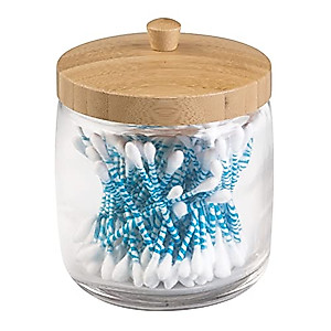 mDesign Small Apothecary Organizer Canister Jars - Glass Containers with Bamboo Lid for Bathroom, Organization Holder for Vanity, Counter, Brock Collection - Clear/Natural