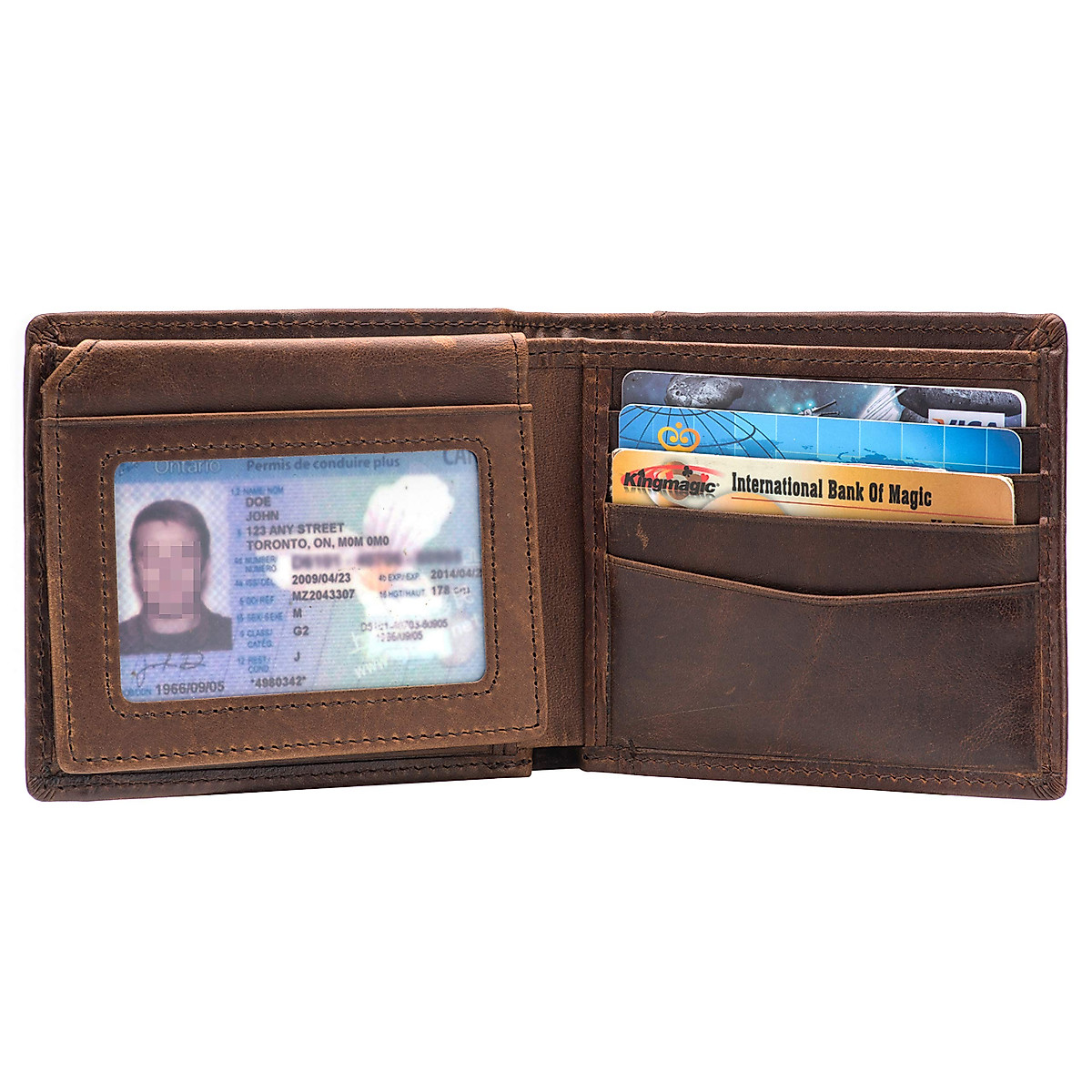 POKOFO RFID Blocking Genuine Leather Bifold Wallet for Men with Zipper and 2 ID Windows (Dark brown)