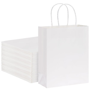 Moretoes 150pcs White Paper Bags, 8x4x10 Inches Medium Gift Bags with Handles Bulk, Kraft Paper Bags, Retail Bags, Small Business, Shopping Bags