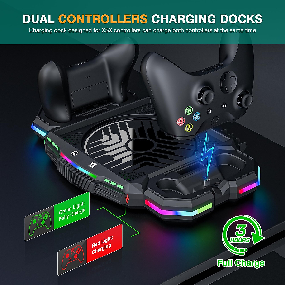 Wiilkac Vertical Cooling Fan Stand and Dual Controller Charging Station for Xbox Series X with RGB Color Lights/USB Ports, 3-Level Fan Cooling System with 2 x 1400 mAh Rechargeable Battery