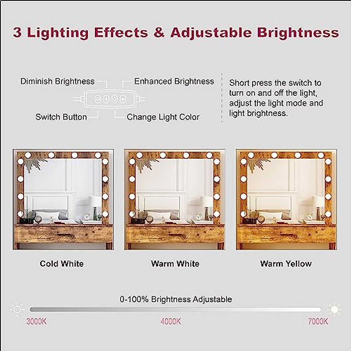 Vanity Desk with Mirror and Lights, Vanity Set Makeup Vanity Table with Adjustable Lights One Drawer Storage Makeup Table with Stool Vanity Desk for Bedroom (Brown)