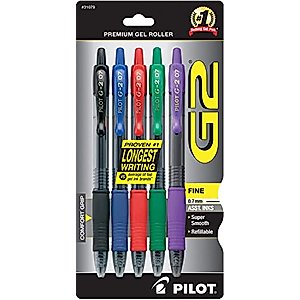 PILOT G2 Premium Refillable and Retractable Rolling Ball Gel Pens, Fine Point, Black/Blue/Red/Green/Purple Inks, 5-Pack (31079)