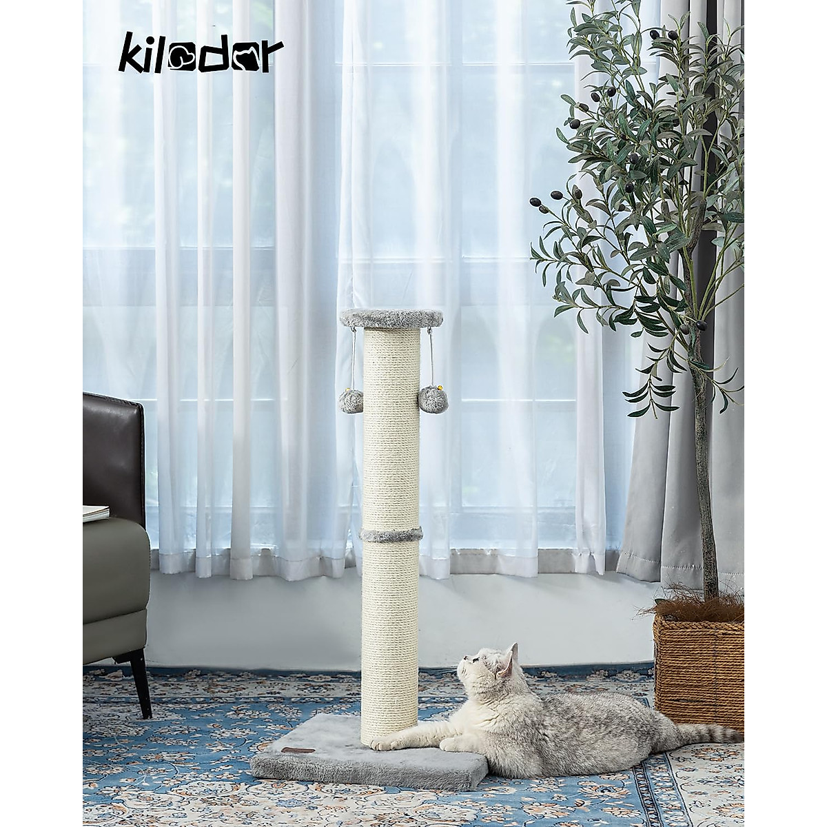 Kilodor 34Inch Tall Cat Scratching Post,4.3Inch Diameter Large Sisal Cat Scratch Post with Ball, Sturdy and Durable Cat Scratcher for Indoor Cats Adults Grey