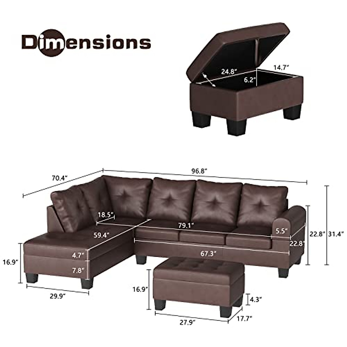 Lamerge Sectional Sofa Couch for Living Room, Modular Sectional Sofa with 6 Seats L Shaped Sofa Set with PU Leather Ottoman, Button Tufted Comfy Living Room Sofa Couch for Small Place
