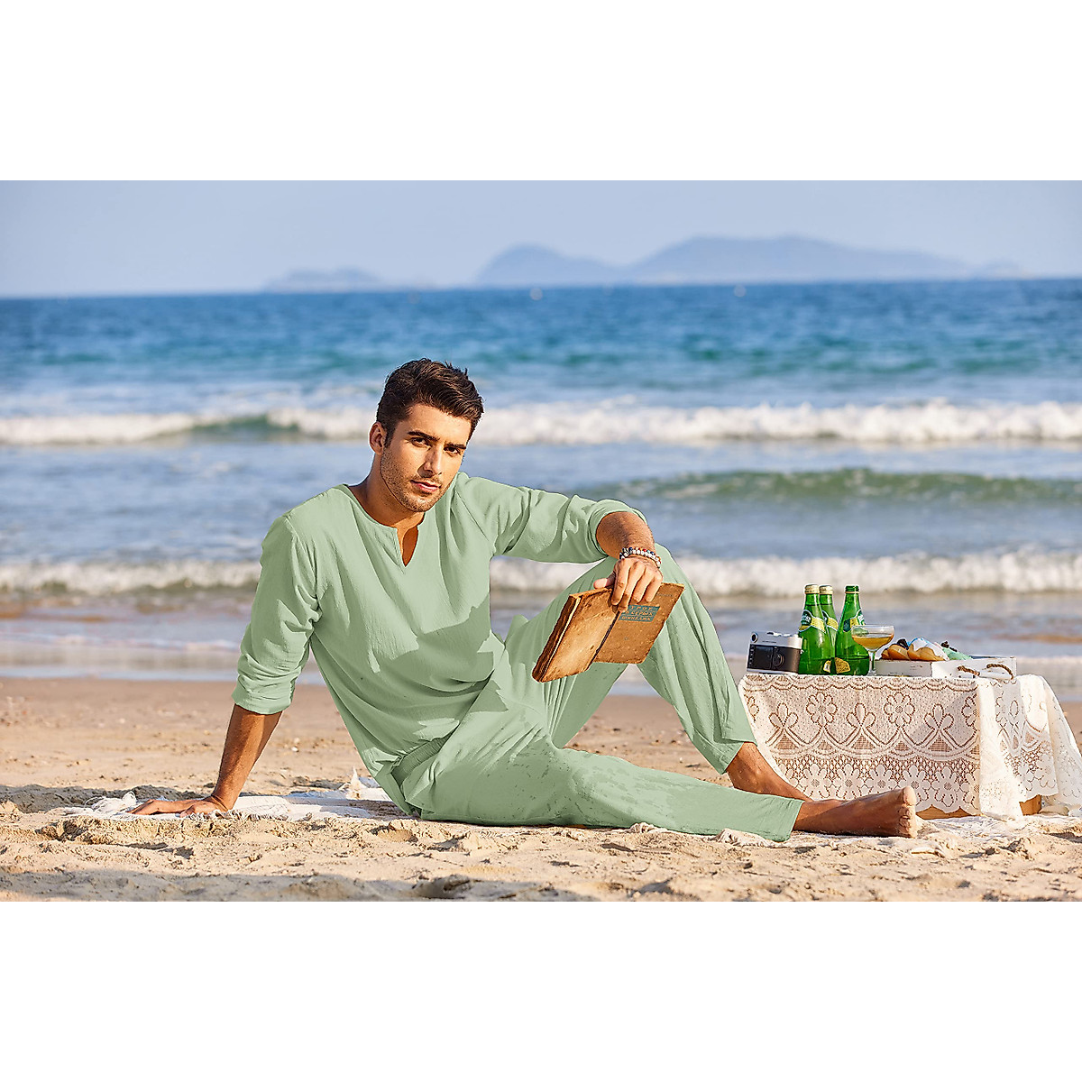 COOFANDY Men's 2 Pieces Cotton Linen Set Henley Shirt Long Sleeve and Casual Beach Pants Summer Yoga Outfits