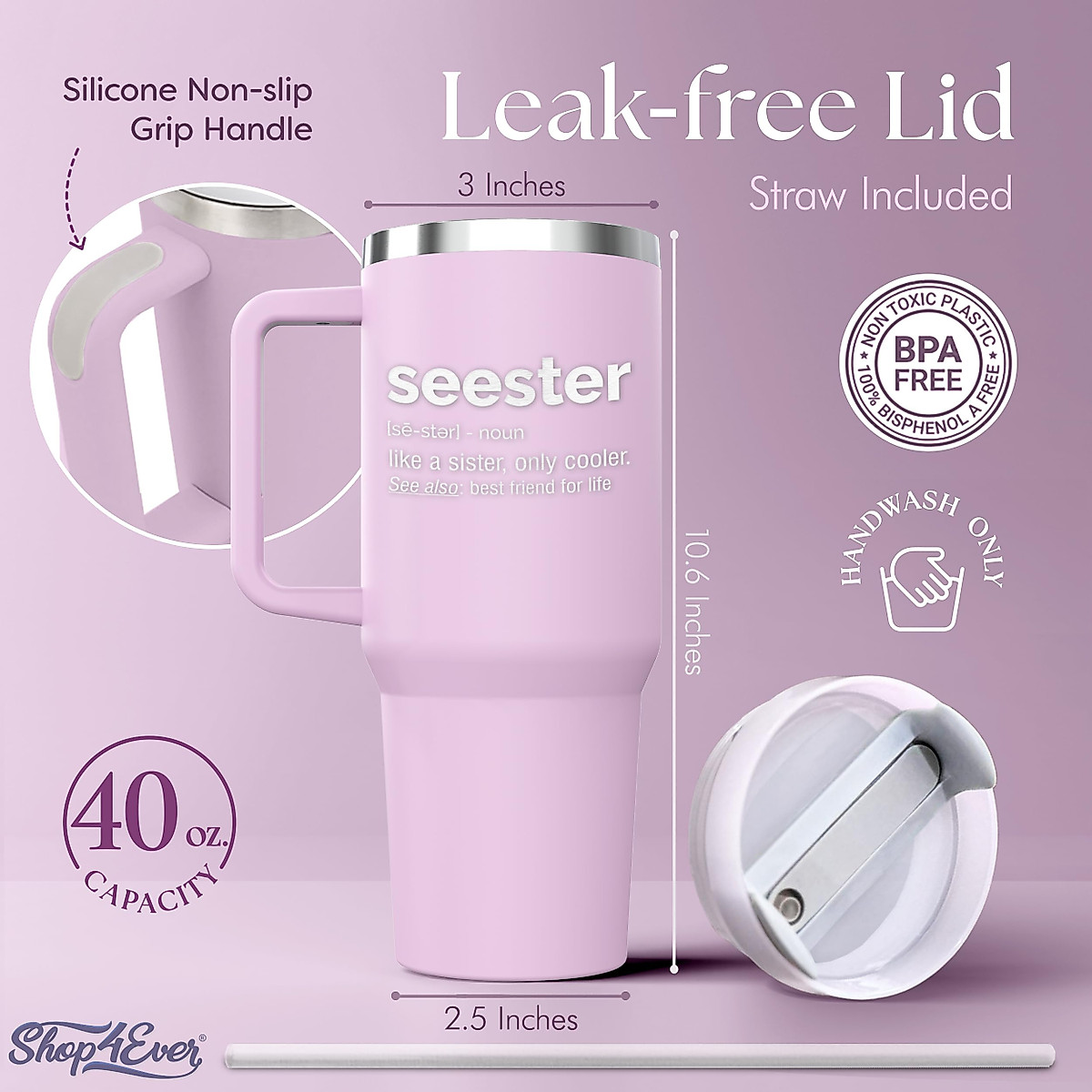 shop4ever Seester Definition Engraved Insulated Stainless Steel Tumbler with Handle, Lid, and Straw 40 oz. Funny Gift for Sister Best Friend (Lavender)
