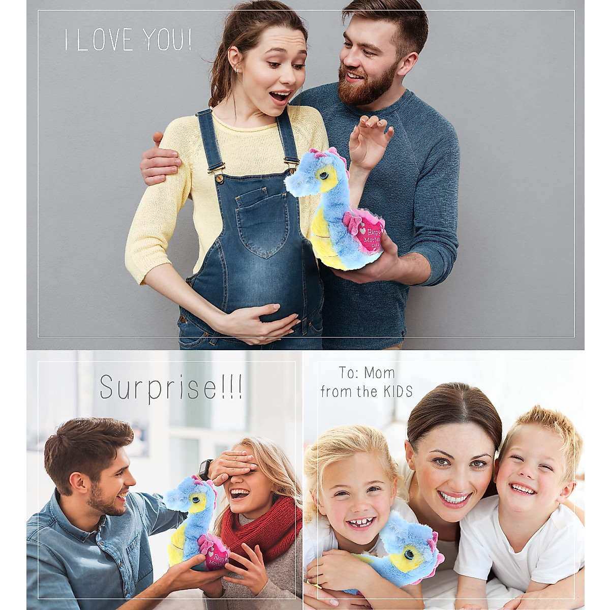 DolliBu Happy Mother's Day Super Soft Plush Blue Seahorse Doll Figure - Cute Stuffed Animal with Pink Heart Message for Best Mommy, Grandma, Wife, Daughter - 8.5" Inches