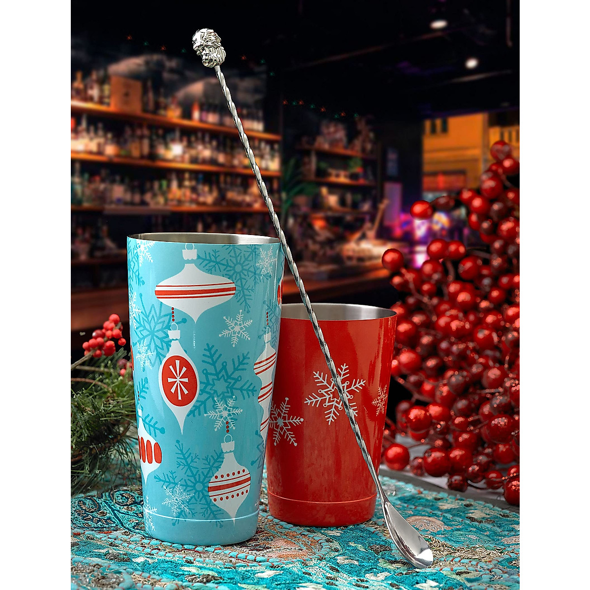 Barfly Holiday Ornaments Cocktail Shaker Set with Santa Spoon