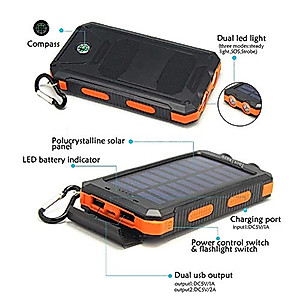Solar Charger Power Bank 20000mAh Waterproof Portable External Backup Battery Charger Built-in Dual USB/Flashlight and Compass for All Cell Phone and Electronic Devices(Black & Orange)