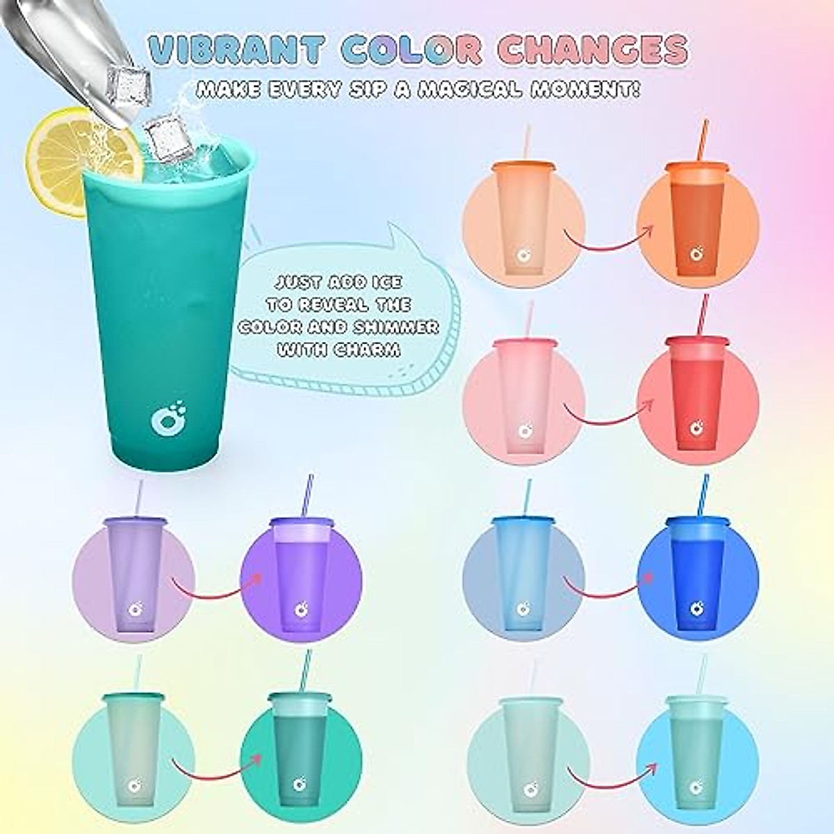 ODOSOLA Plastic Cups with Lids and Straws, 6 Pack 24oz Color Changing Cups, Reusable Cups With Lids and Straws Bulk for Adults Kid Women Party, Cute Cold Tumblers with Lids and Straws for Iced Coffee
