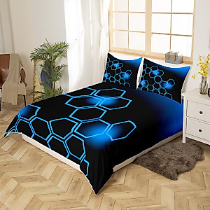 Feelyou Blue and Black Bedding Duvet Cover Set Queen Size Honeycomb Bedding Set for Kids Boys Girls Decor Geometrical Comforter Cover Set Beehive Pattern Blue Bedspread Cover Bedroom Bedclothes