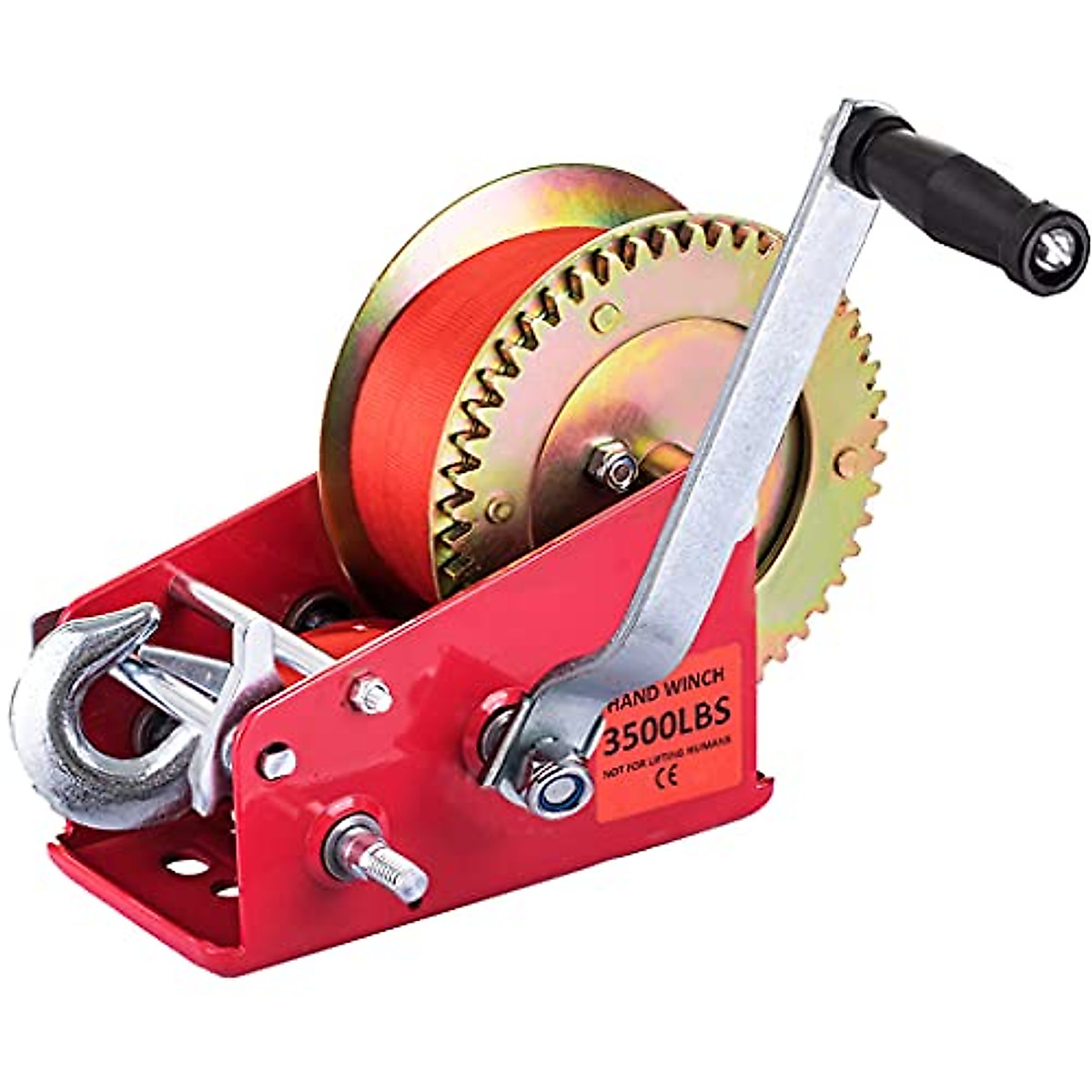 Hand Winch Heavy Duty 3500lbs with Nylon Strap and Ratchet Handle Hook 2 Gear Manual Crank Towing Winch for ATV Boat Trailer Truck Auto (3500 Red)