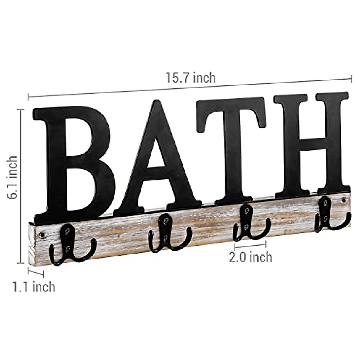 MyGift Wall Mounted Shabby Whitewashed Weathered Wood and Black Metal Bathroom Towel Rack - Bath Cutout Design Hanging Bath Towels Organizer with 4 Double Hooks