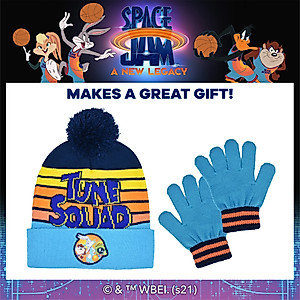 Concept One Space Jam A New Legacy Tune Squad Kids Pom Cuffed Beanie Hat and Gloves Set, Blue, One Size