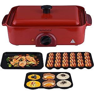 HeHoGoGo 3 in 1 Multifunctional Electric Griddle Electric Skillet Nonstick Baking Maker with 3 Interchangeable Pan Takoyaki Maker Cake Pop Maker Pancake Maker Red