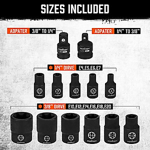 HORUSDY 13-Piece Female External Socket Set | Female E-Torx Sockets (E4-E20) | 2 Impact Socket Adapter Set