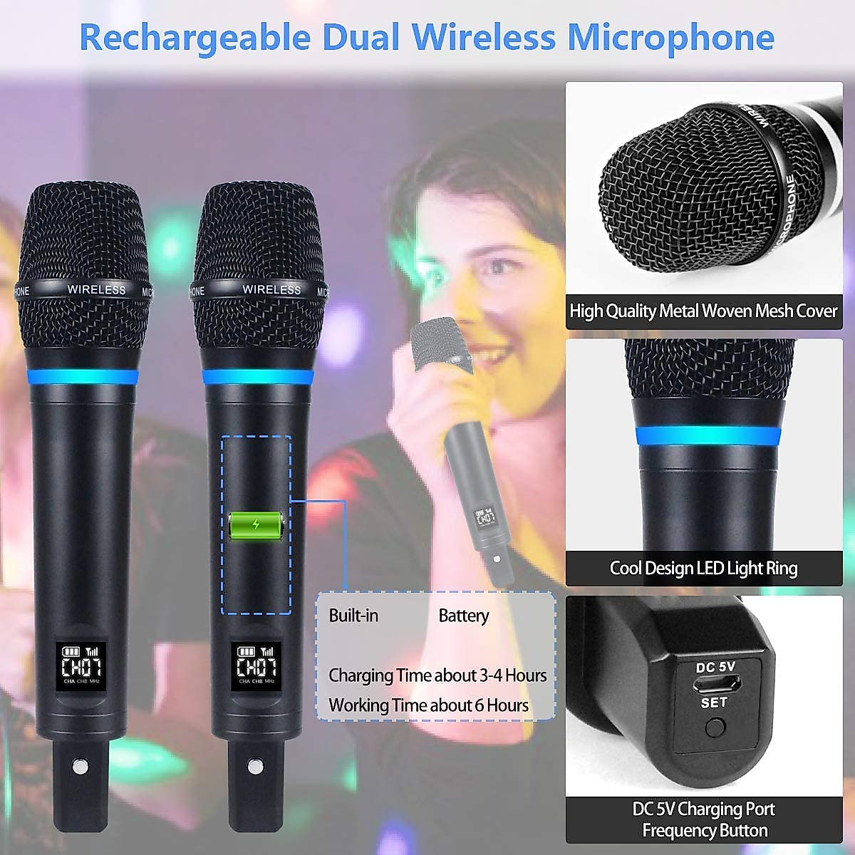 Kithouse S9 UHF Rechargeable Wireless Microphone System Karaoke Microphone Wireless Mic Cordless Dual with Bluetooth Receiver Box + Volume Control ECHO for Karaoke Singing Speech Meeting Church, 200FT