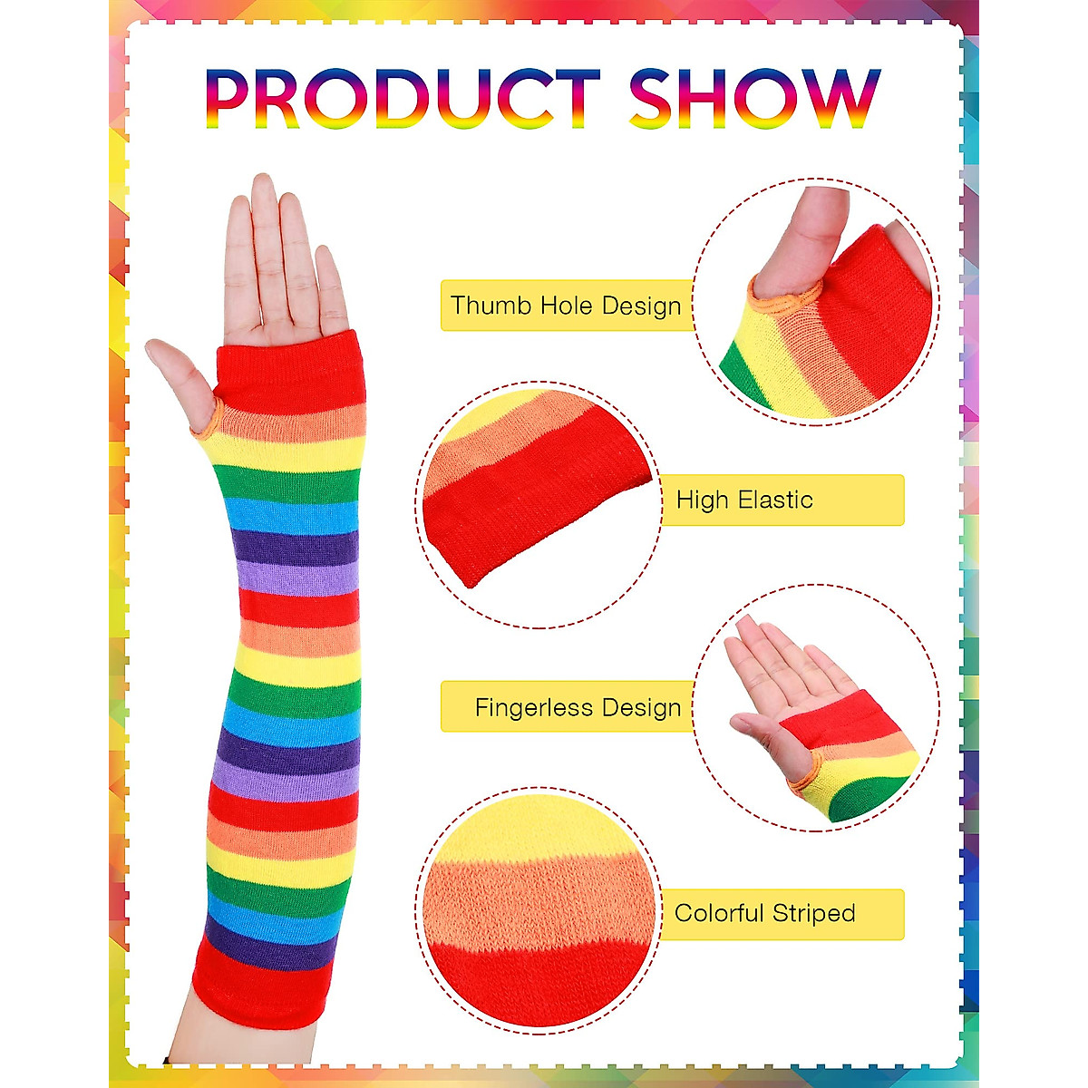 Chuarry 8 Pairs Women's Rainbow Thigh High Socks Fingerless Arm Warmer Set Long Striped High Socks Leg Warmers for Pride Fest(Mixed Color,Classic Style)