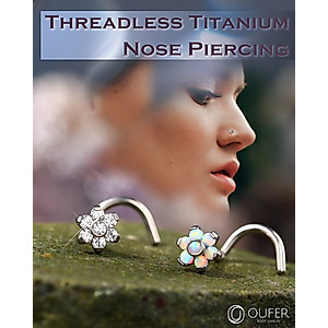 OUFER 20G Nose Studs, Flower Designed White Opal Paved Push-in Nose Rings, G23 Solid Titanium Nose Screw Studs, Nostril Piercing Jewelry for Women and Men