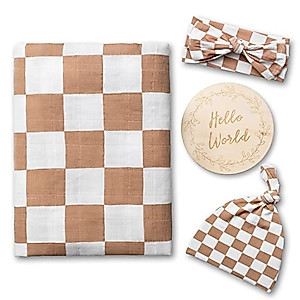 Miaoberry 100% Organic Muslin Swaddle Set| Checkered in Coffee Latte with Matching Hat/Headband