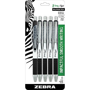 Zebra Pen Z-Grip Flight Retractable Ballpoint Pen, Bold Point, 1.2mm, Black Ink, 5-Count