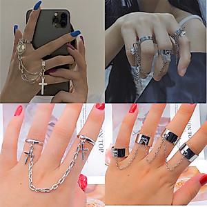 17Pcs Adjustable Punk Chain Rings Set， Vintage Knuckle Gothic Rings Set Alloy Biker Obsidian Chain Open Rings, Stackable Hollow Carved Finger Rings Midi Rings Joint Jewelry for Women (Silver)