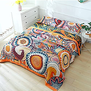 MEJU The Sun Round Bohemia Geometry Muslin All Season Blanket for Bed Sofa Couch, 100% Combed Cotton 4 Layer Soft Warm Quick Dry Throw Blanket Bed Coverlet Sheet (Round, Twin 59" X 78")