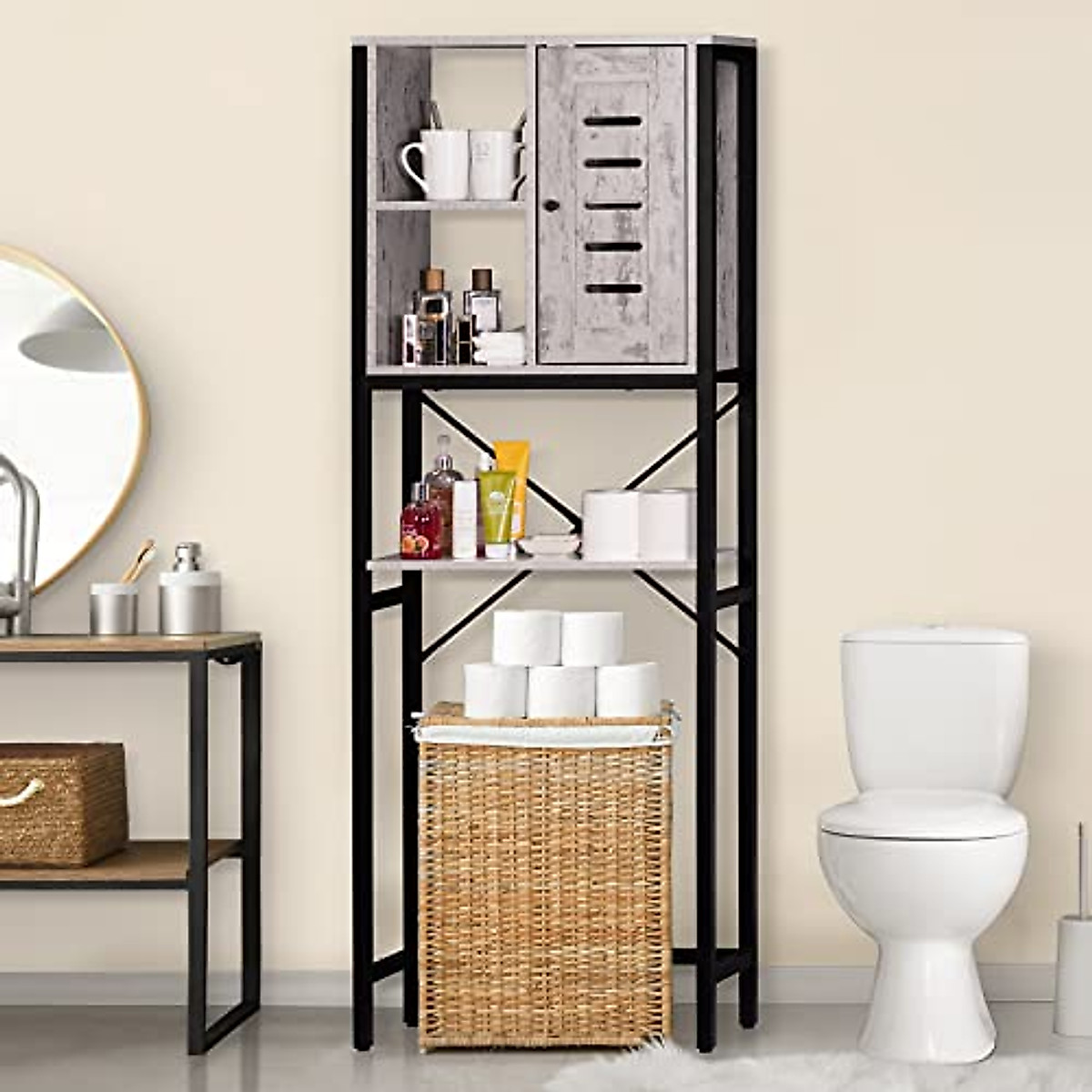LELELINKY Over The Toilet Storage Cabinet, Bathroom Storage Organizer Shelf, 3-Tier Tall Freestanding Multifunctional Rack with Door and Open Shelves, Industrial Steel Frame - 67', Stone Grey