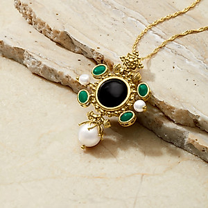Ross-Simons Italian Cultured Pearl, Black Onyx and Green Agate Pendant Necklace in 18kt Gold Over Sterling Silver