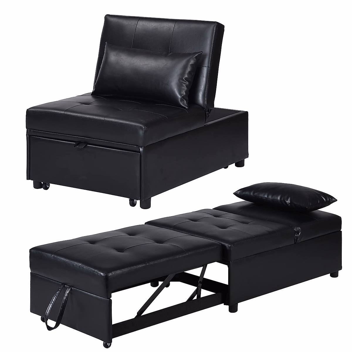 HABITRIO 4-in-1 Sofa with Pull-Out Sleeper, Solid Wood Frame Button Tufted Black PU Upholstered Sofa Couch with Pillow, Work as Ottoman, Lounge Chair, Seat Couch and Bed, Fit for Living Room, Bedroom