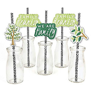 Family Tree Reunion - Paper Straw Decor - Family Gathering Party Striped Decorative Straws - Set of 24